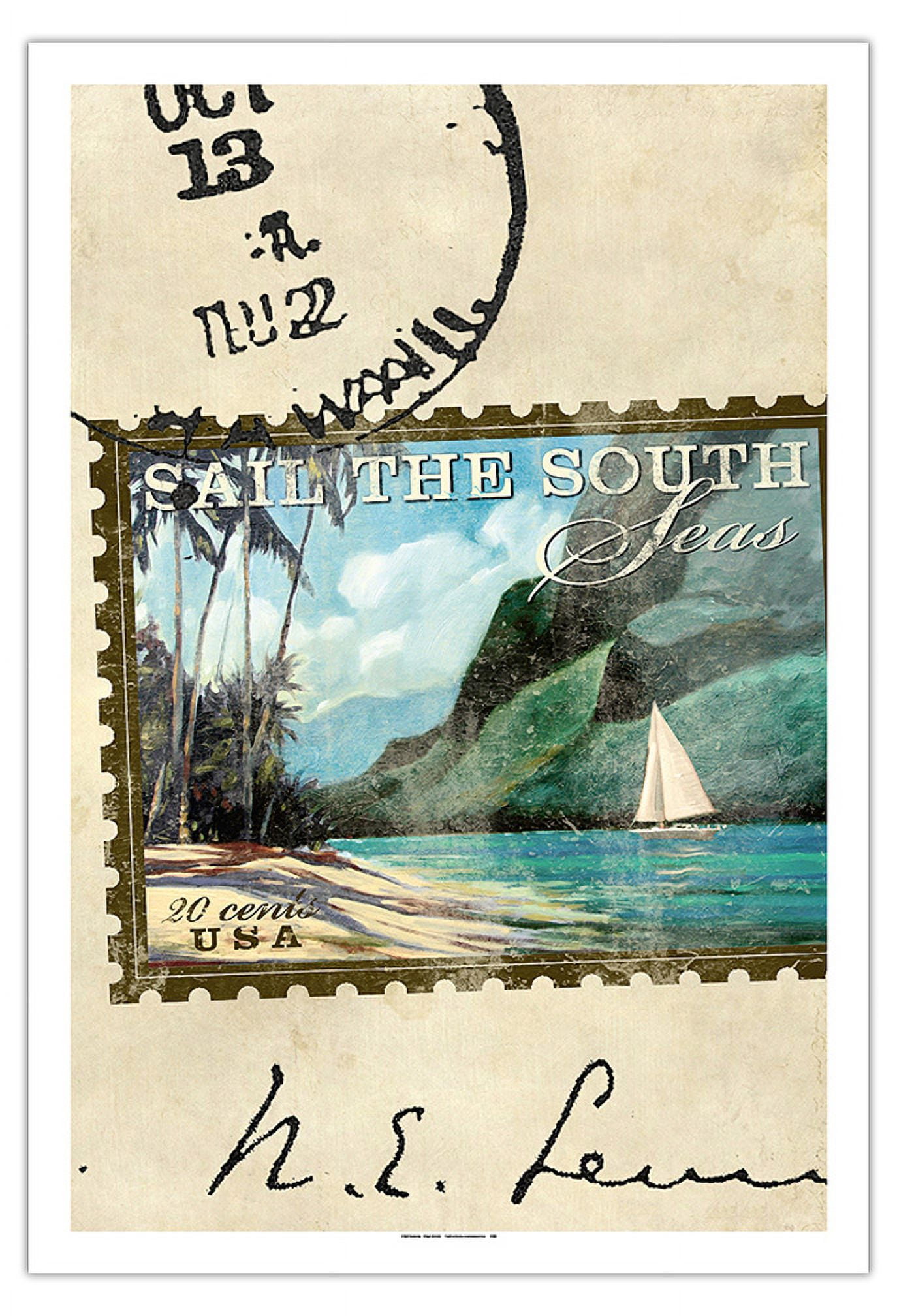 Sail The South Seas - Postage Stamp - Vintage Travel Poster by Wade ...