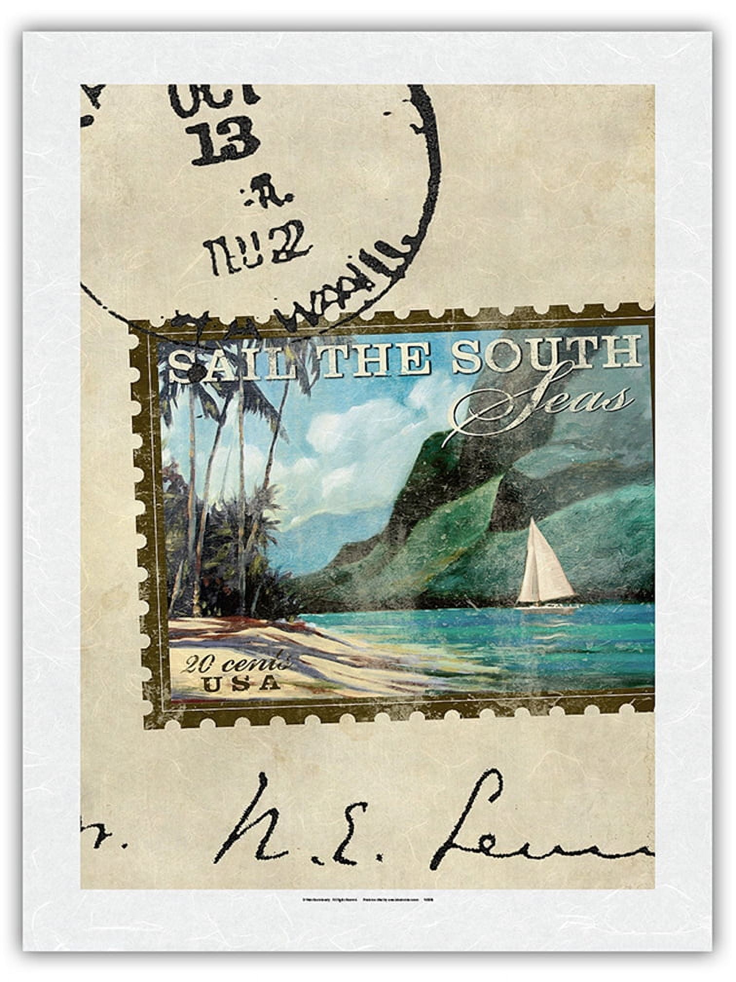 Sail The South Seas - Postage Stamp - Vintage Travel Poster by Wade ...