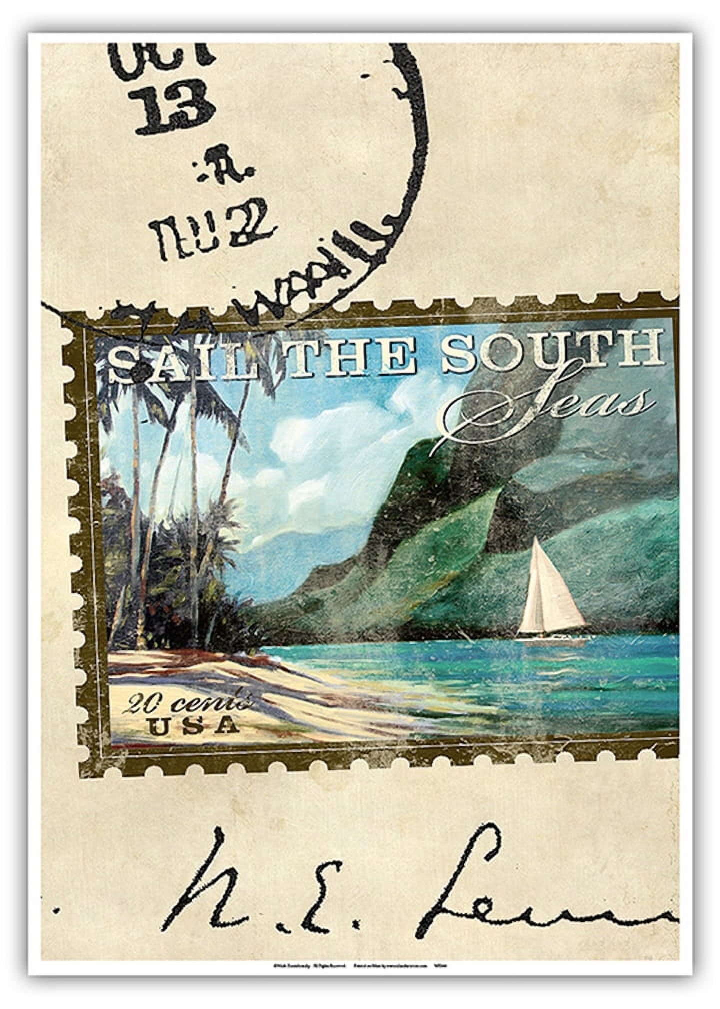 Sail The South Seas - Postage Stamp - Vintage Travel Poster by Wade ...