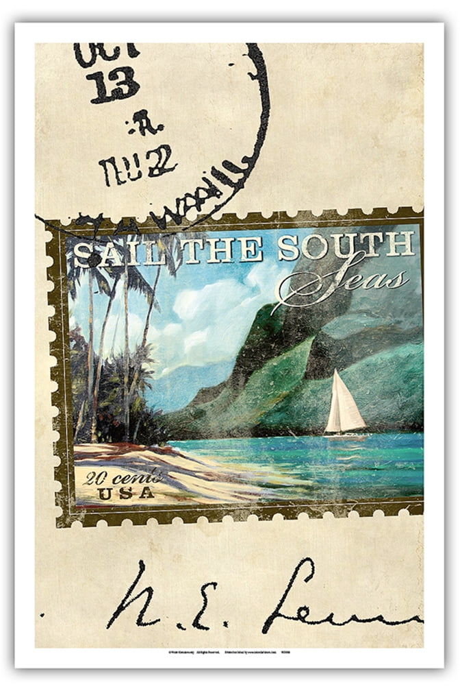 Sail The South Seas - Postage Stamp - Vintage Travel Poster by Wade ...