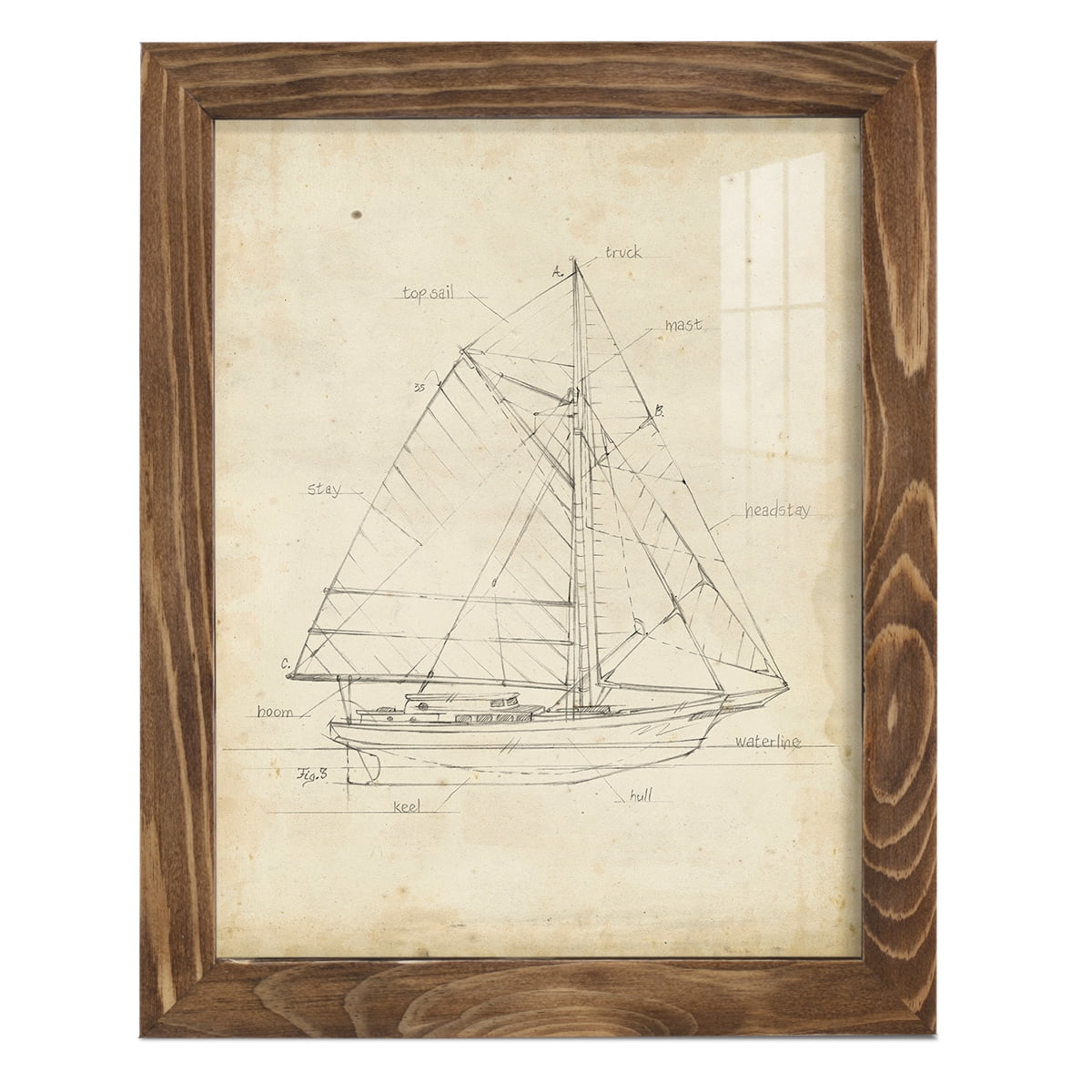 Sailboat Blueprint III -Framed Print w/glass-Walnut - Walmart.com