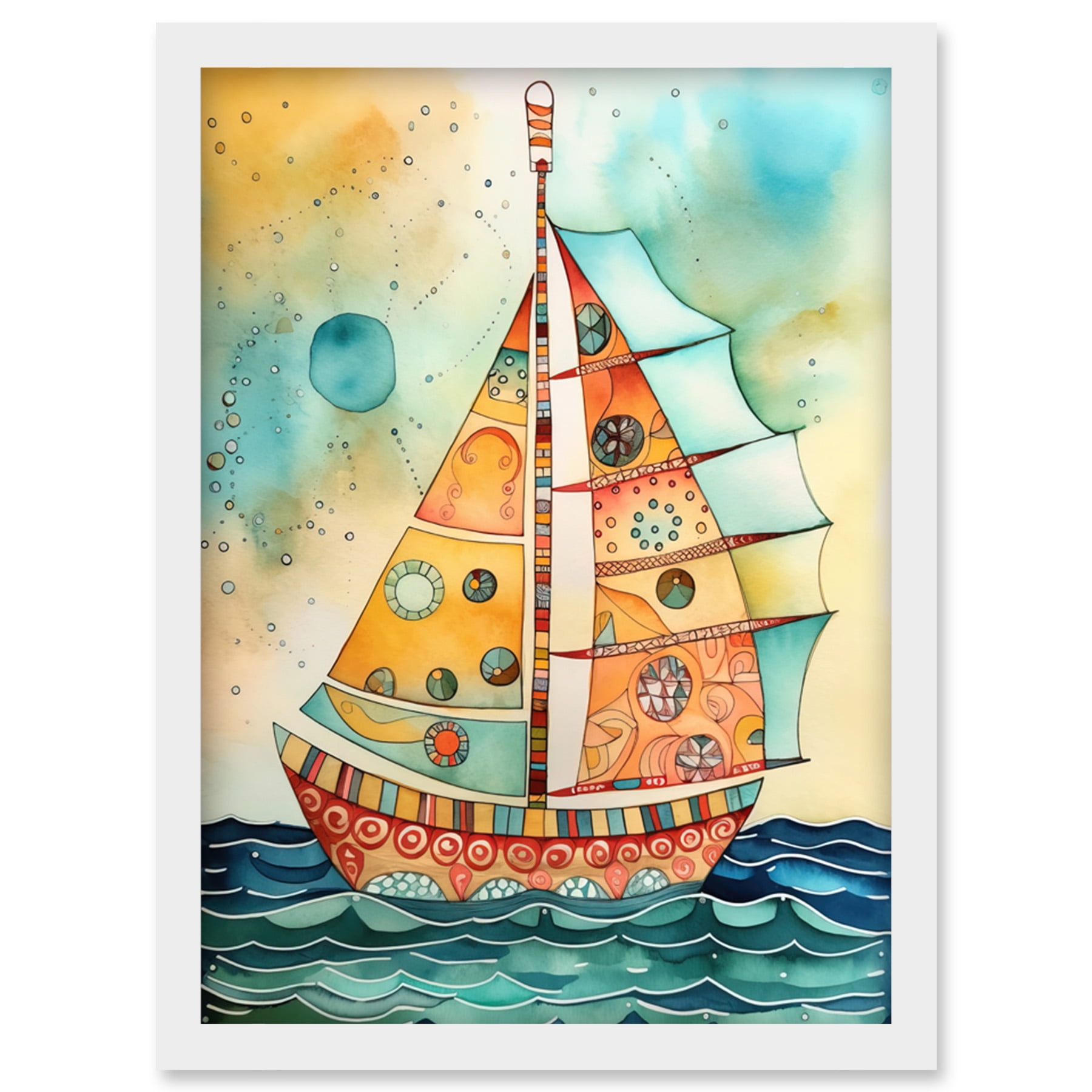 Sailboat Concept With Dorsal Fin Sail Folk Art Artwork Framed Wall Art ...