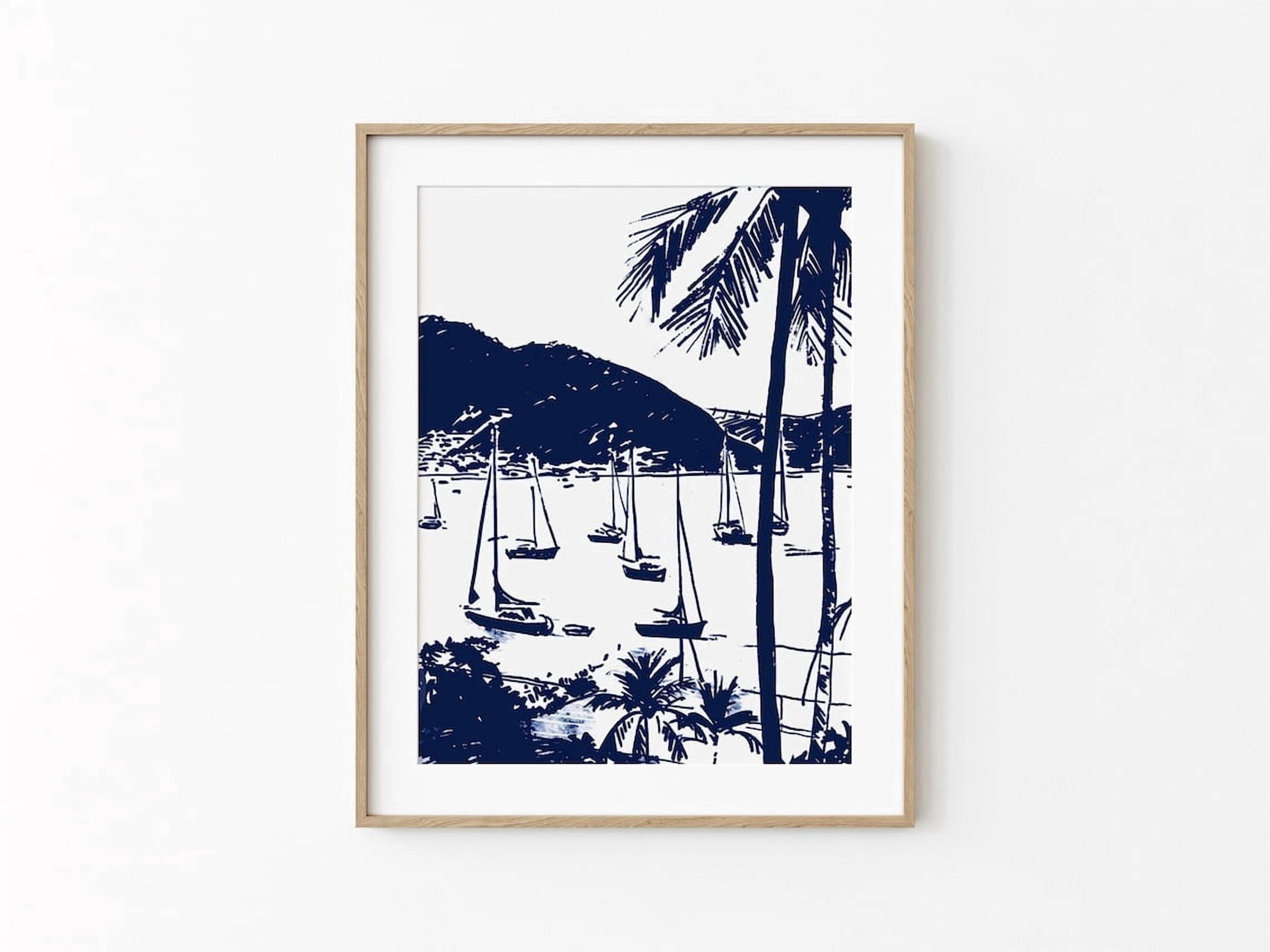 Sailboat Cove Boats In The Bay Beach House Abstract Coastal Blue Trendy ...