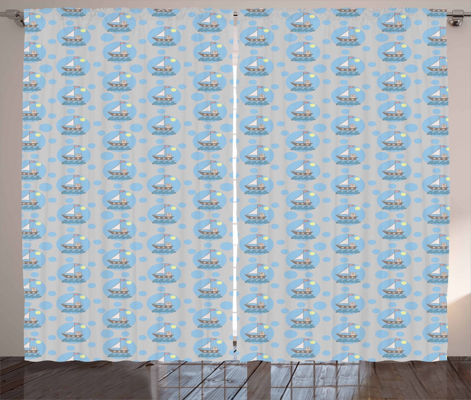 Sailboat Curtains 2 Panels Set, Nocturnal Illustration of Lonely ...
