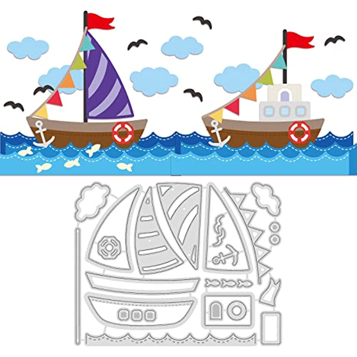 Sailboat Cutting Dies Sailing Adventure Banner Wave Seagull Fish Cloud ...
