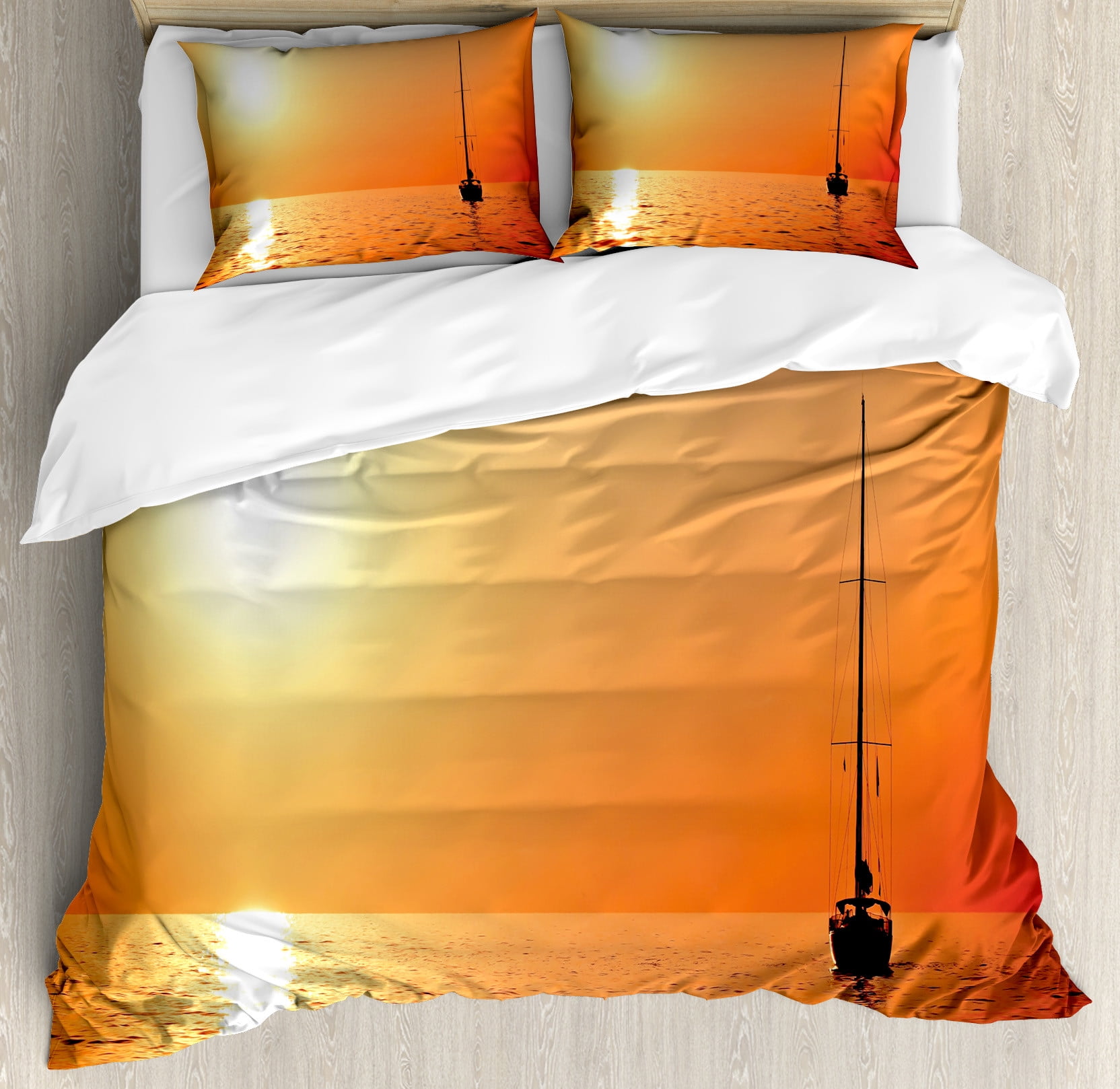 Sailboat Duvet Cover Set, Lonely Yacht at Sunset Sailing Competition ...