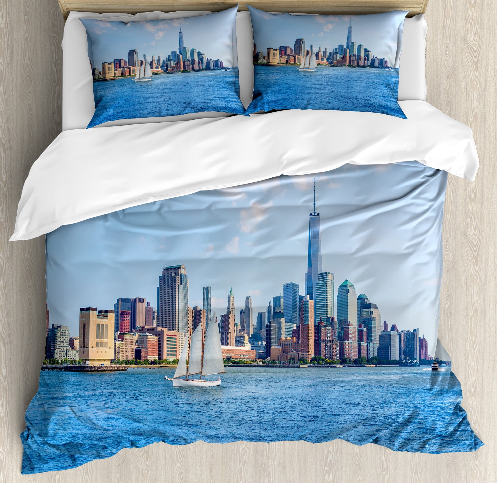 Sailboat Duvet Cover Set, Manhattan Skyline New York Sunshine USA Clear ...