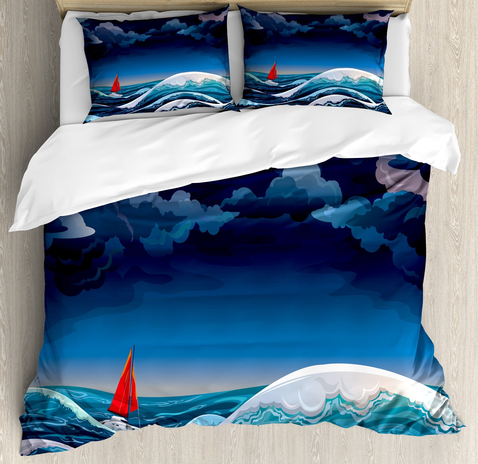 Sailboat Duvet Cover Set, Night Seascape with Sailboat and Stormy ...