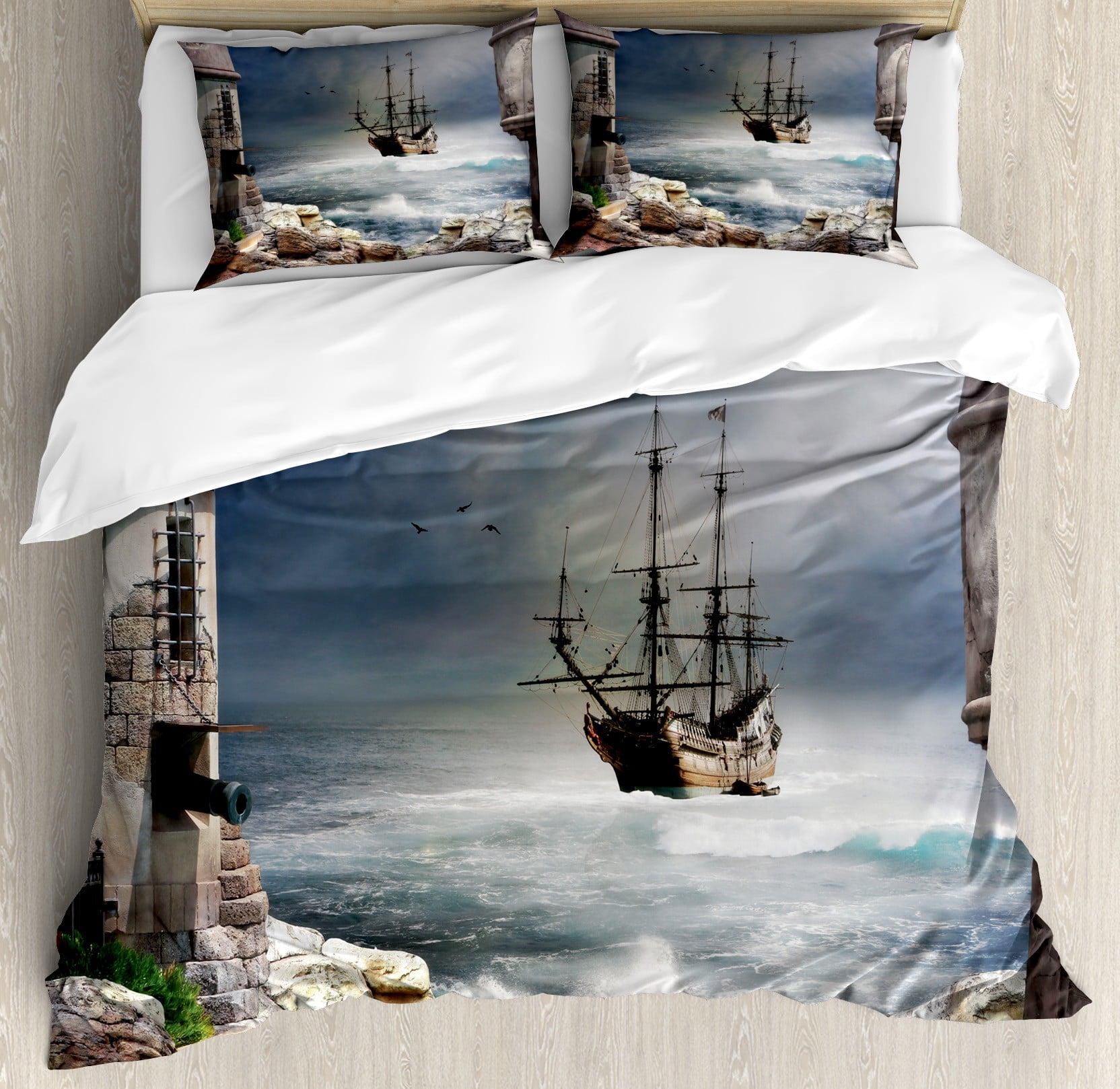 Sailboat Duvet Cover Set, Pirate Merchant Shipnchored in the Bay of ...