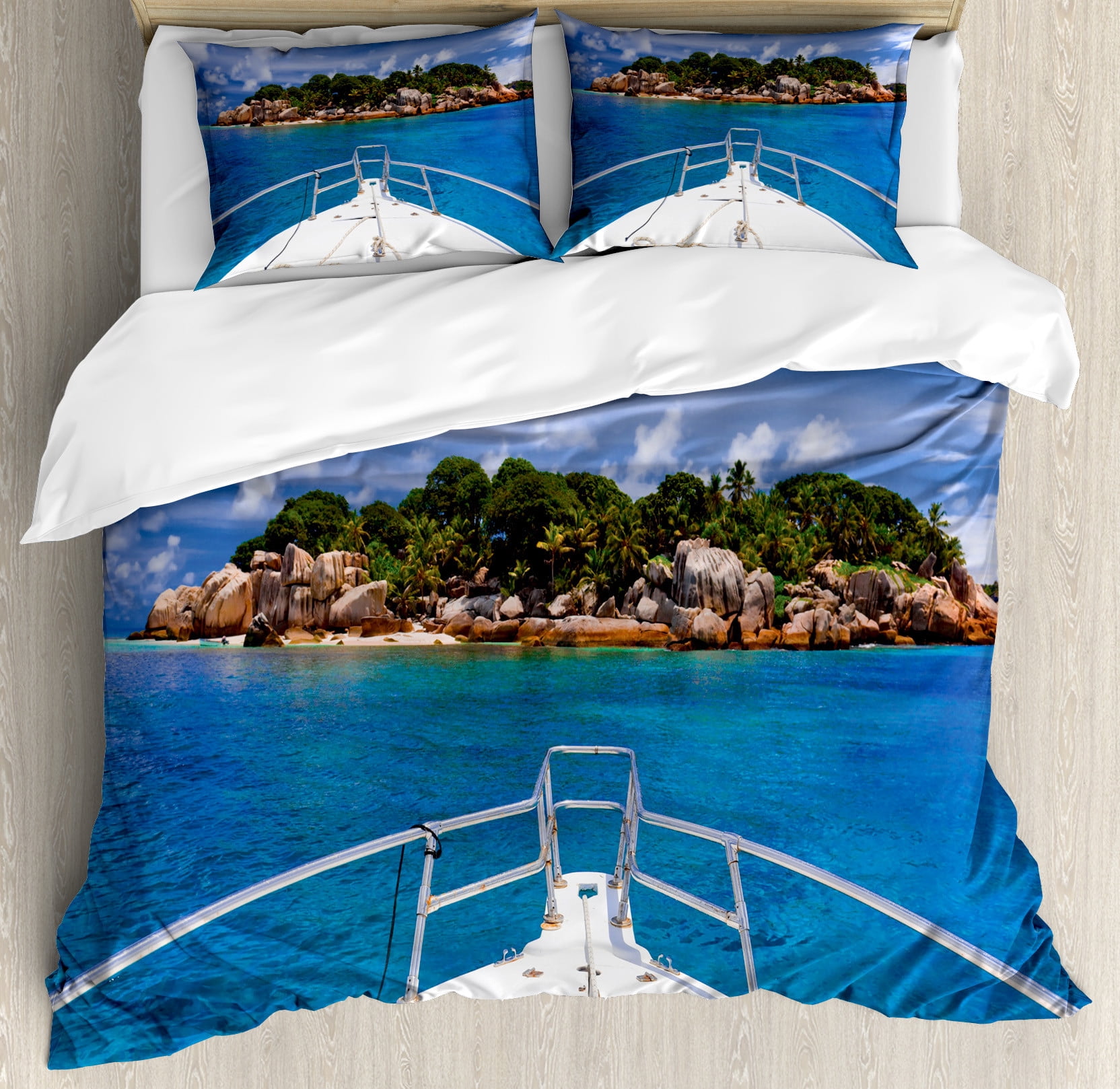 Sailboat Duvet Cover Set, Tropical Island and Boat Exotic Journey ...