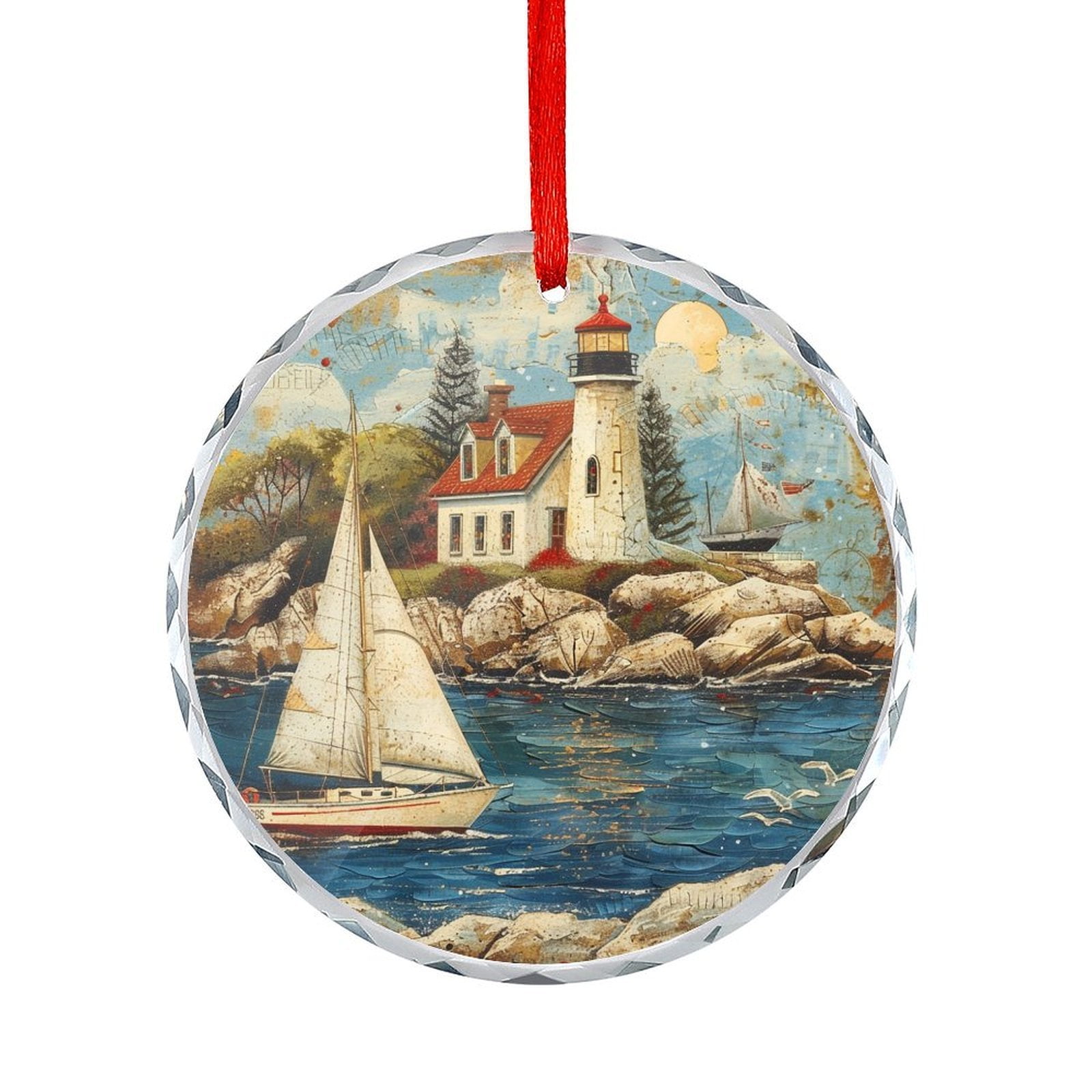Sailboat Lighthouse Nautical Print Ornament Nautical Sailing Round ...