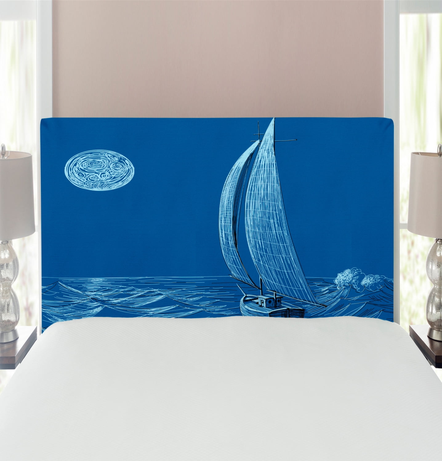 Sailboat Nautical Headboard, Night Sea View Sail Boat in Moonlight Wavy Nautical Ship ...