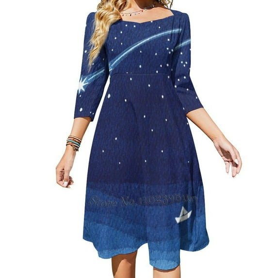 Sailboat Ocean Waves Blue Sea Flare Dress Square Neck Dress Elegant ...