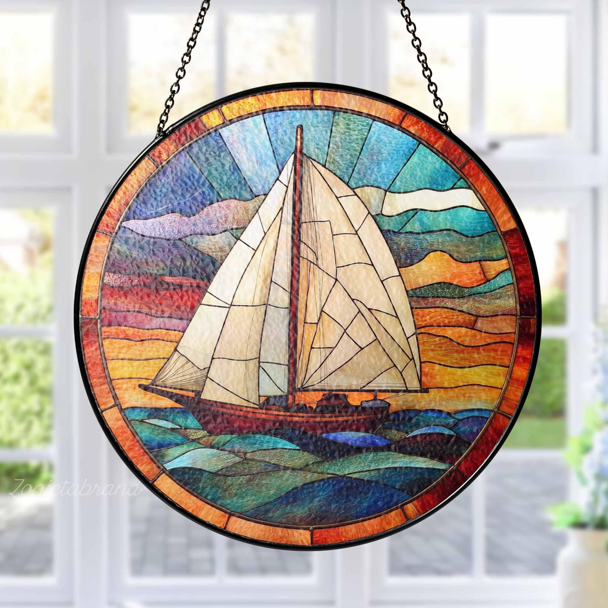 Sailboat Painted Stained Glass Suncatcher, Ocean Seascape Window ...