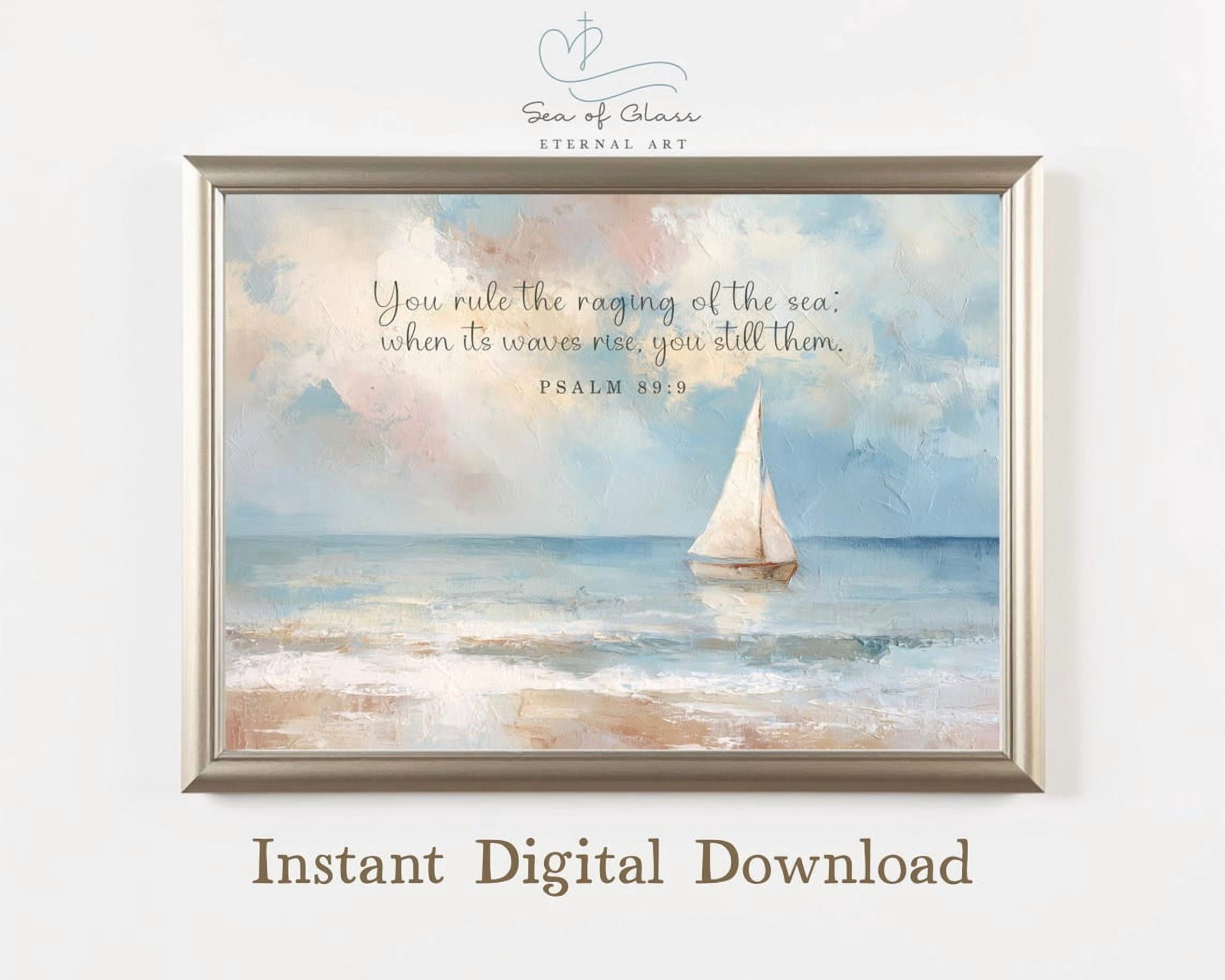 Sailboat Print Poster with Bible Verse Psalm 89:9 – Soft Blue Pastel ...