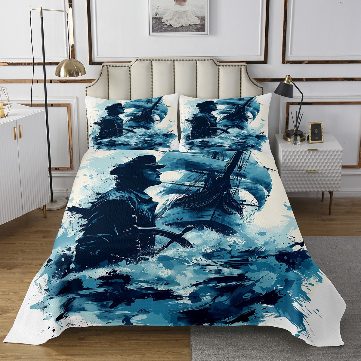 Sailboat Sailor Twin Quilt Set,Nautical Compass Sailing Ship Bedding ...