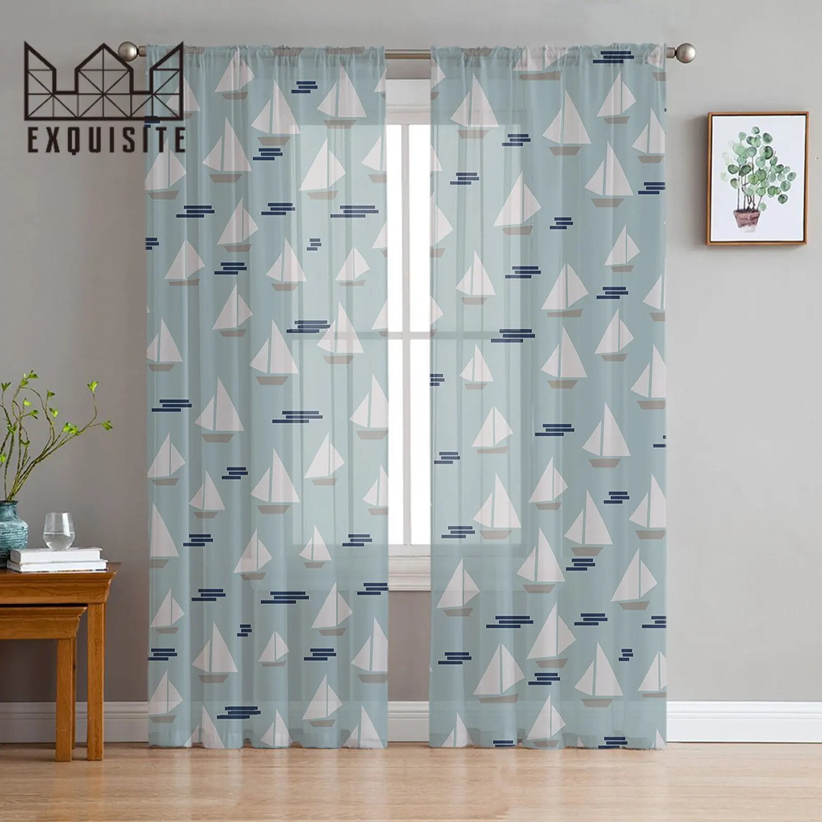 Sailboat Sea Cyan Waves Tulle Curtain for Living Room Bedroom for ...