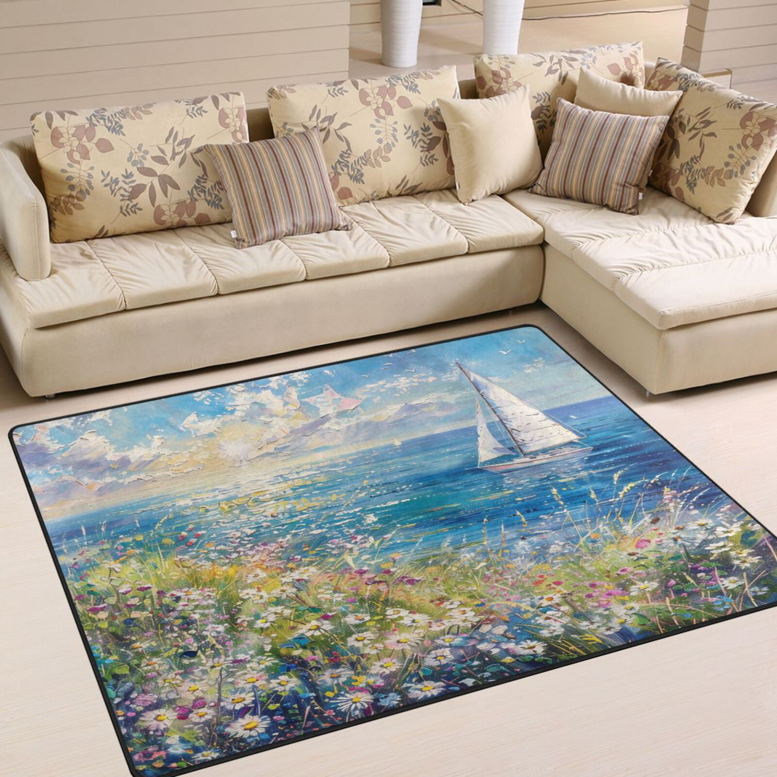 Sailboat Sea Grass Area Rug Washable 80 x 58 Floor Carpet Mat Non Slip ...
