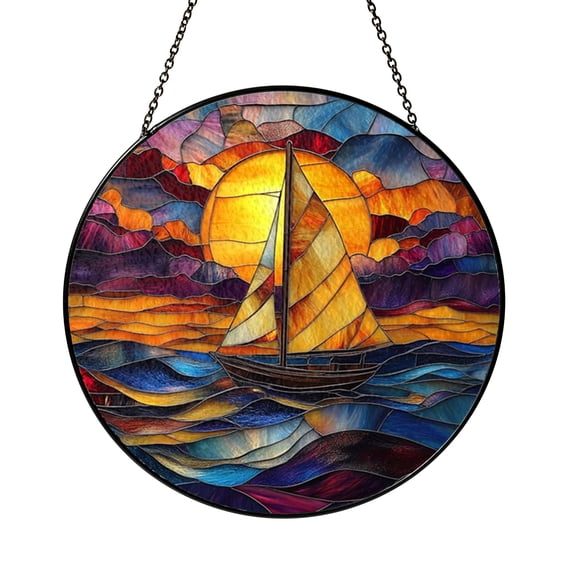 Sailboat Stained Glass Suncatcher Window Hanging, Nautical Round Glass ...