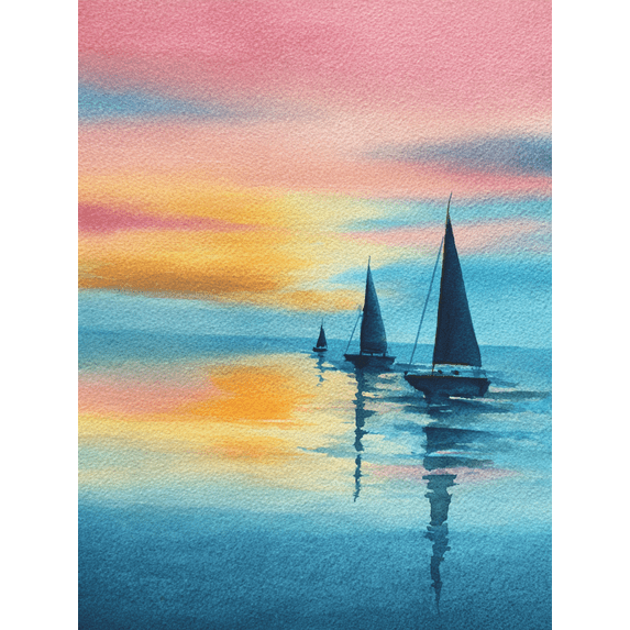 Sailboat Sunset Seascape Watercolor Canvas Print Wall Art for Living ...