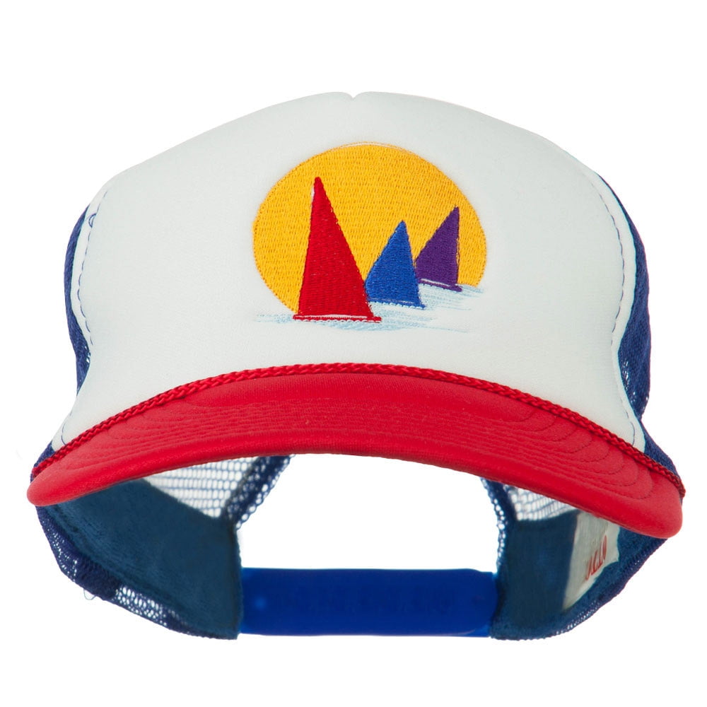 Sailboat Under Sun Embroidered Foam Mesh Back Cap - Red White Royal ...