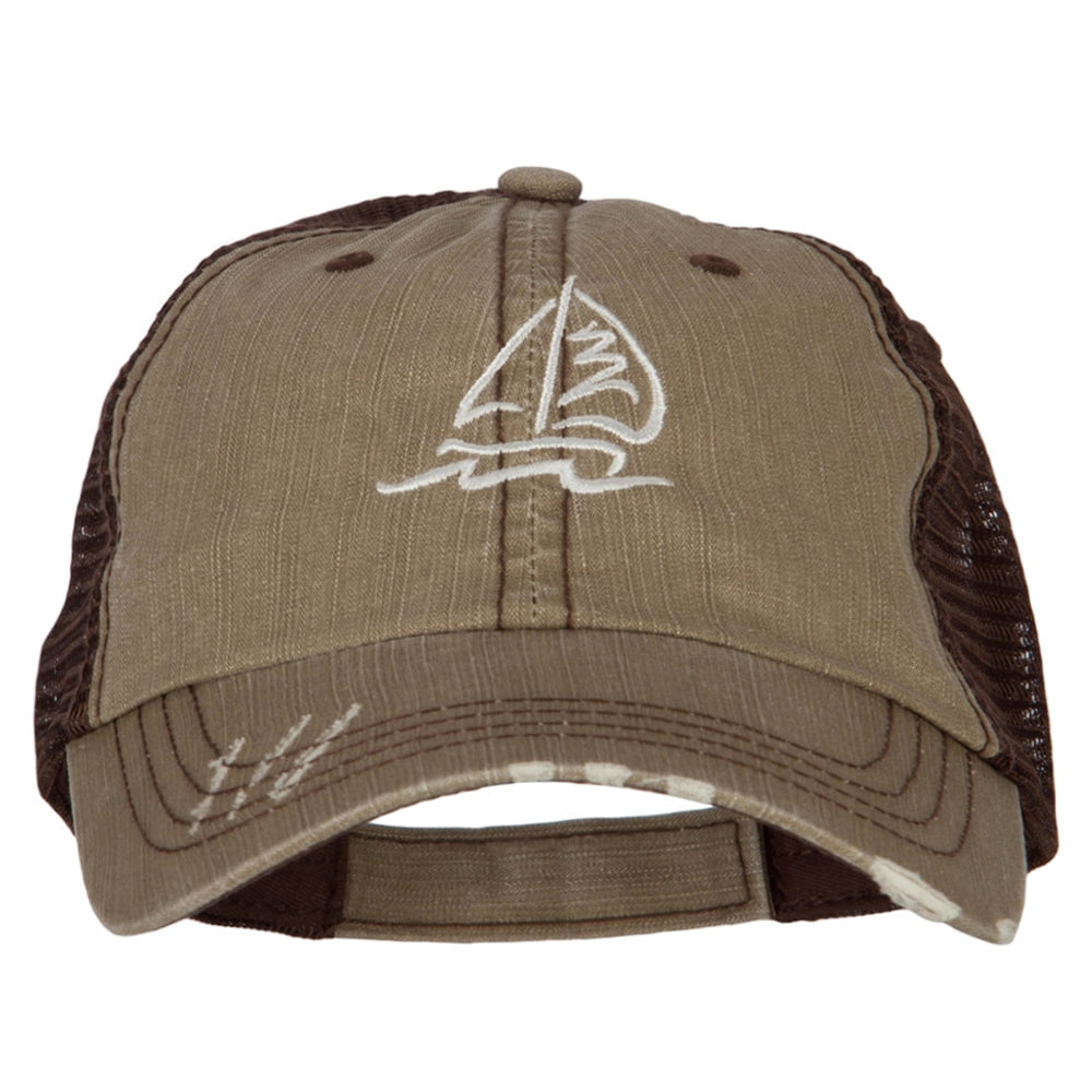 Sailboat Wave Embroidered Low Profile Mesh Cap - Khaki Brown OSFM ...