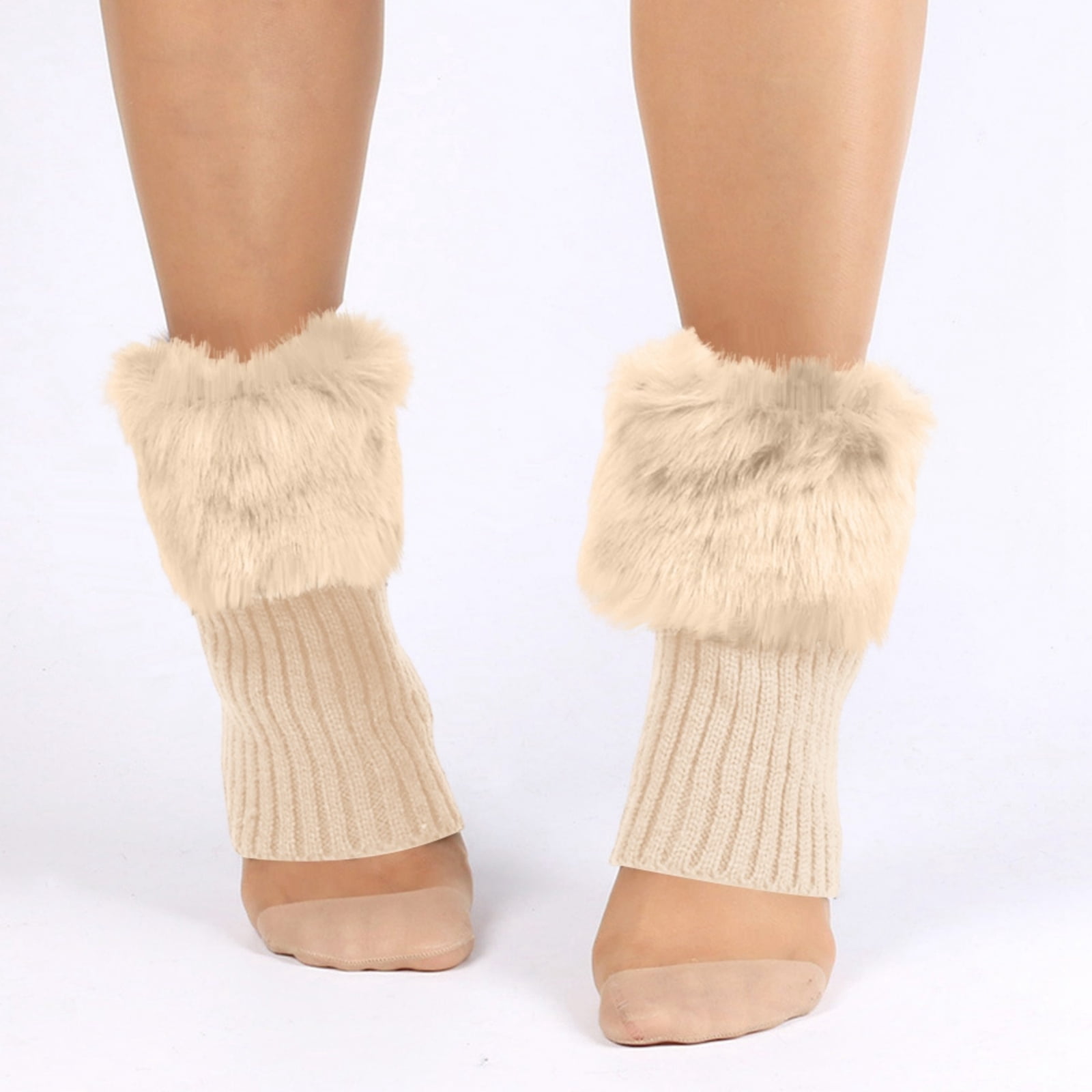 Women Faux Fur Trim Boot Cuff Socks Winter Knitted Furry Top Cover Leg ...