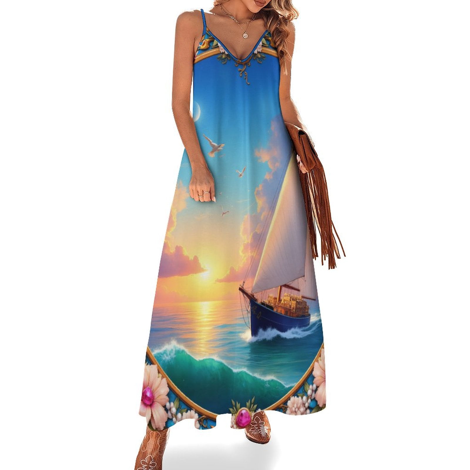 Sailboat at Sunset in Floral Frame Sleeveless Dress Women's Luxury ...