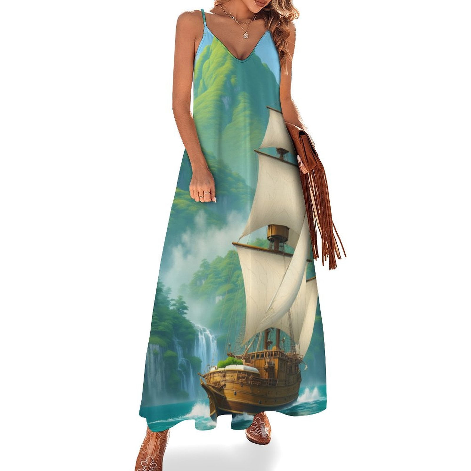Sailboat in Lush Landscape Sleeveless Dress Women's Luxury Party Dress ...