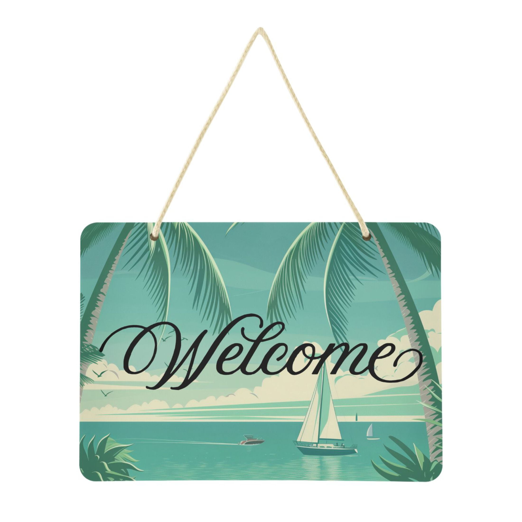 Sailboat on Sea and Tree Welcome Sign Front Door PVC 14x10 inch Hanger ...