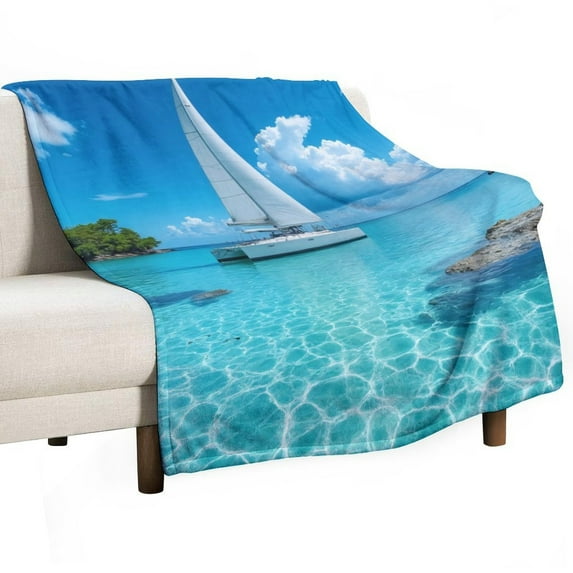 Sailboat on Turquoise Sea Throws Blankets for Sofa Bed Winter Plush ...