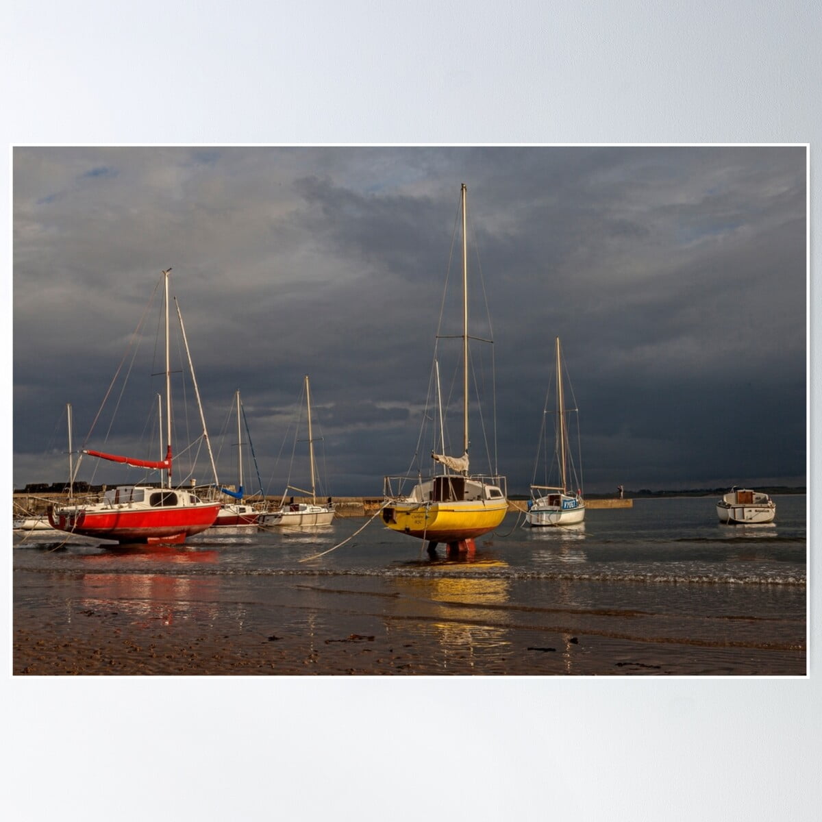 Sailboats Anchored At Beadnell Under A Stormy Sky Poster Wall Art ...