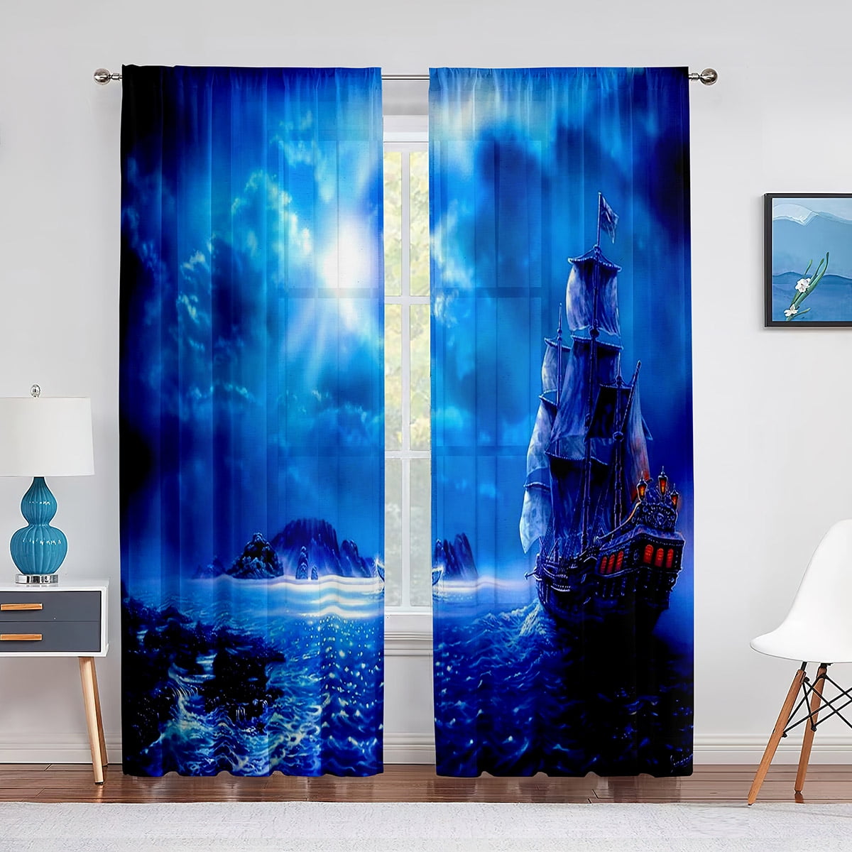 Sailboats Ship on Ocean Sunset Red Sky Tulle Sheer Window Curtains for ...