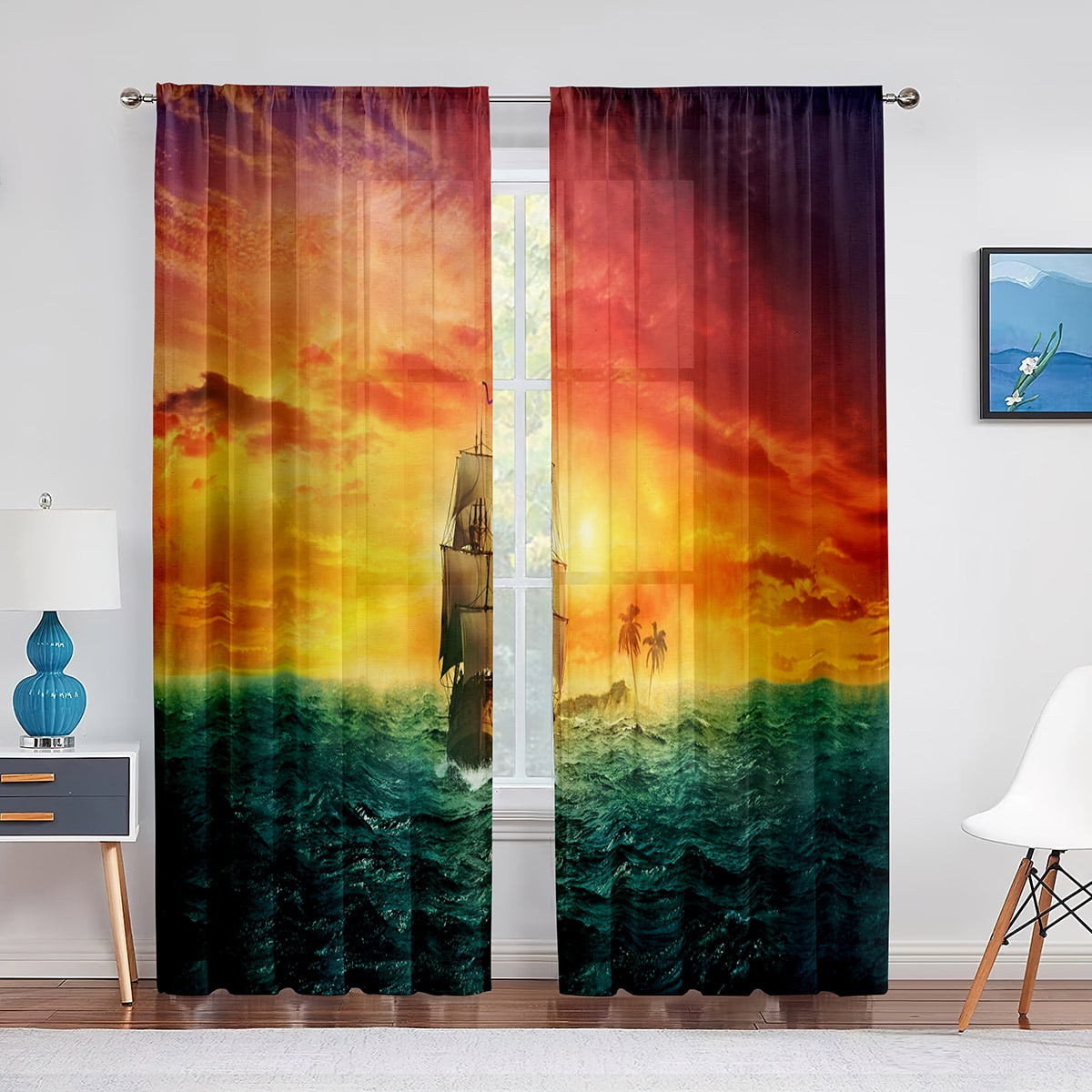 Sailboats Ship on Ocean Sunset Red Sky Tulle Sheer Window Curtains for ...