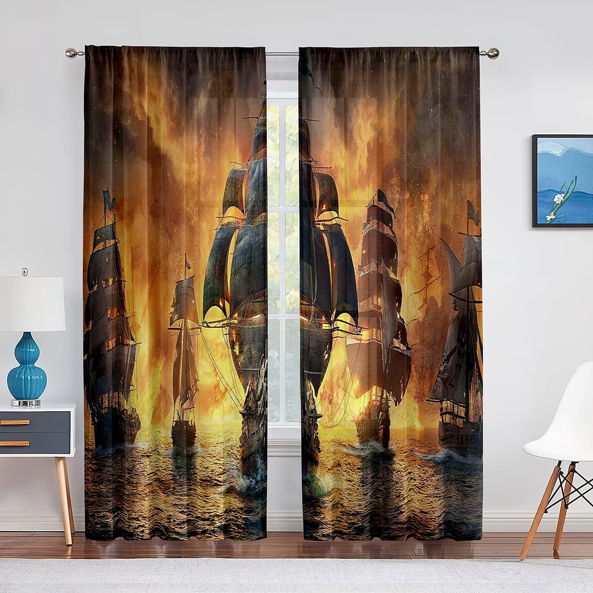 Sailboats Ship on Ocean Sunset Red Sky Tulle Sheer Window Curtains for ...