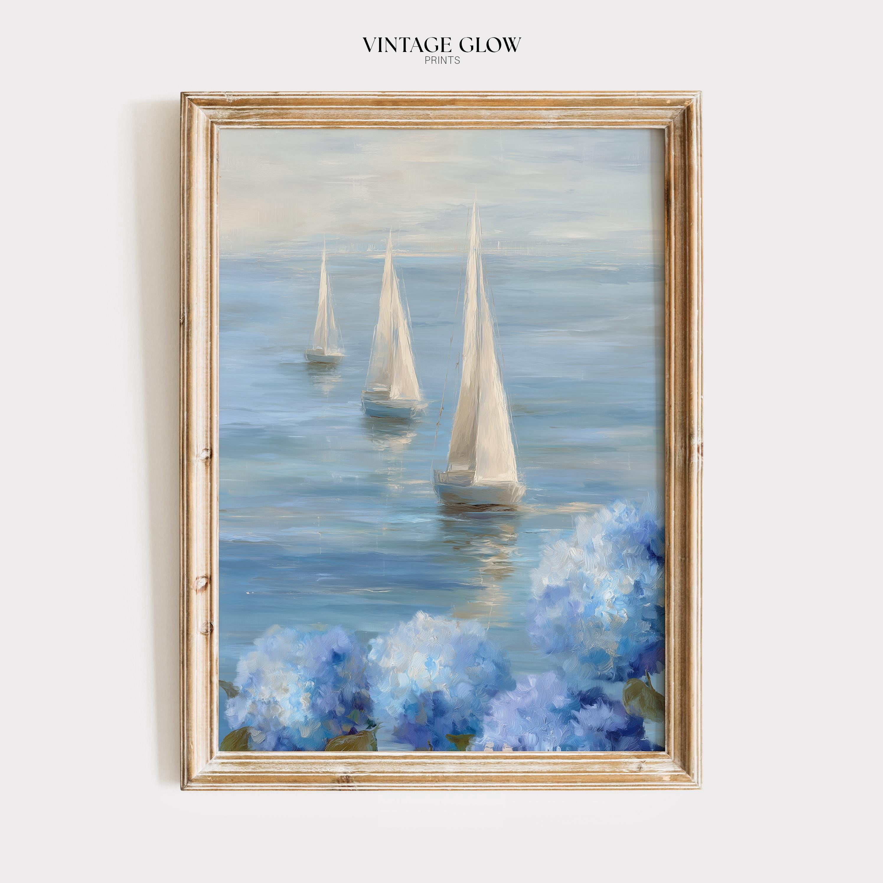Sailboats and Hydrangeas Coastal Print | Beach House Decor - Walmart.com