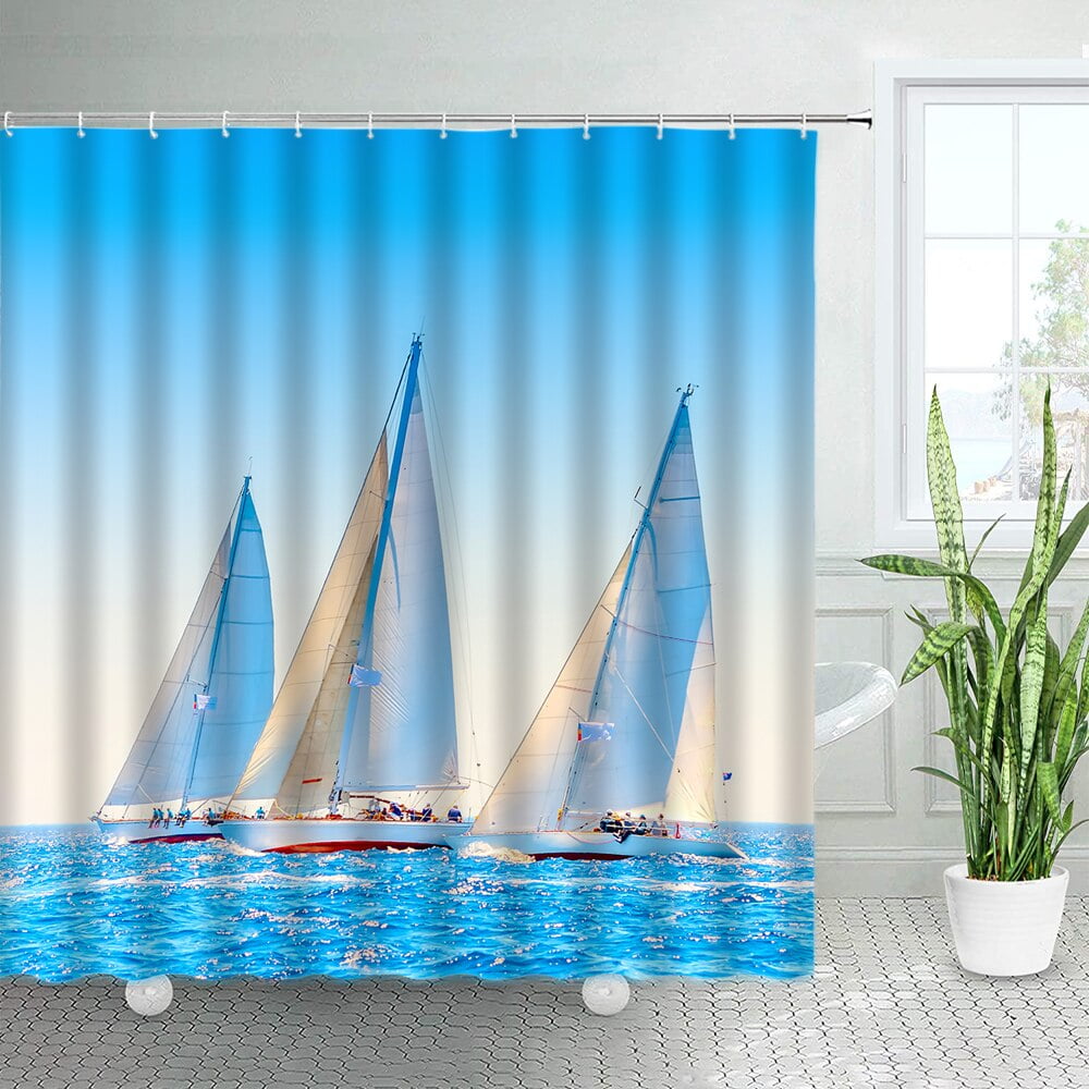 Sailing Anchor Nautical Shower Curtain Set Ocean Wave Boat Nature