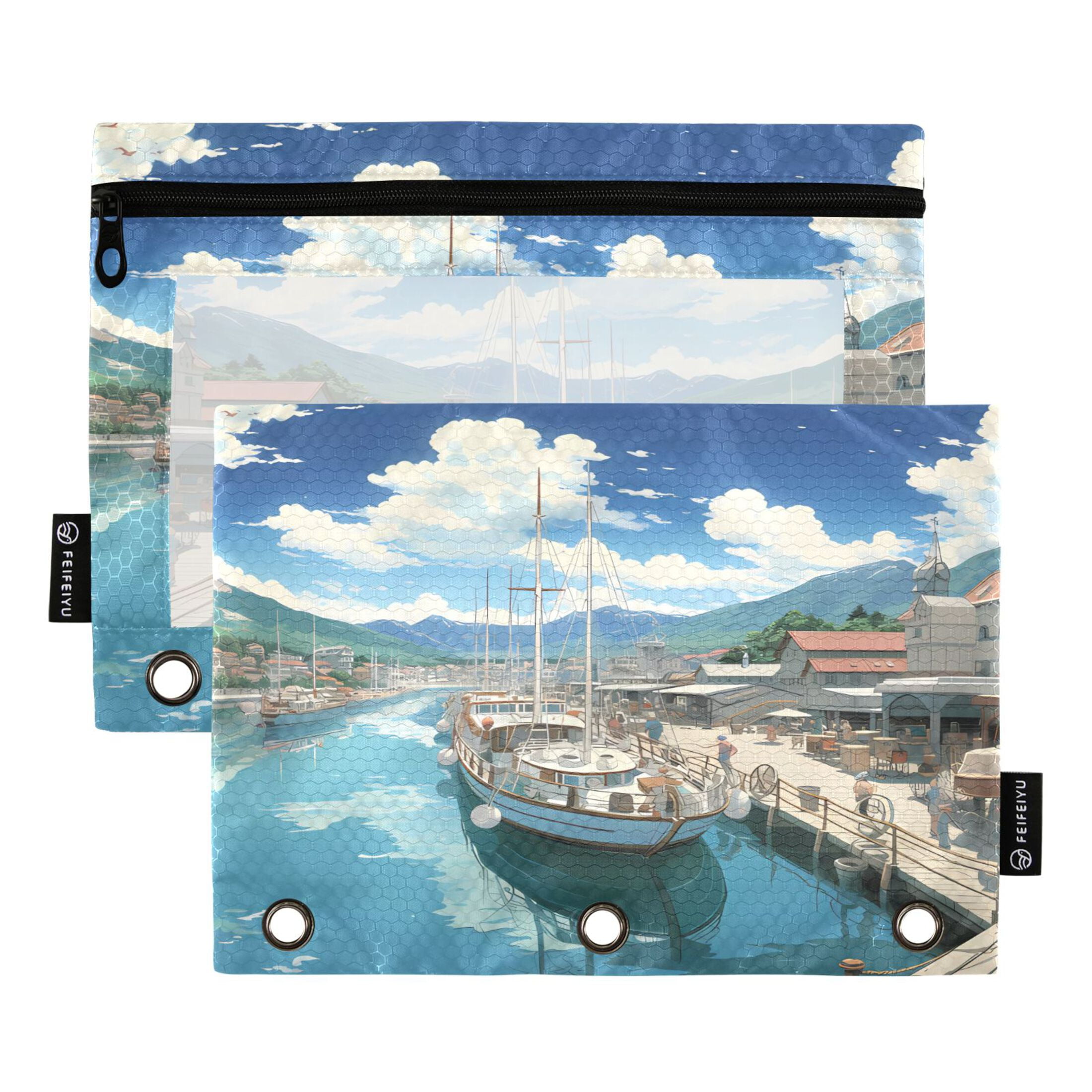 Sailing Boats Docked in Town 2 Pack Pencil Pouch for 3 Ring Binder ...