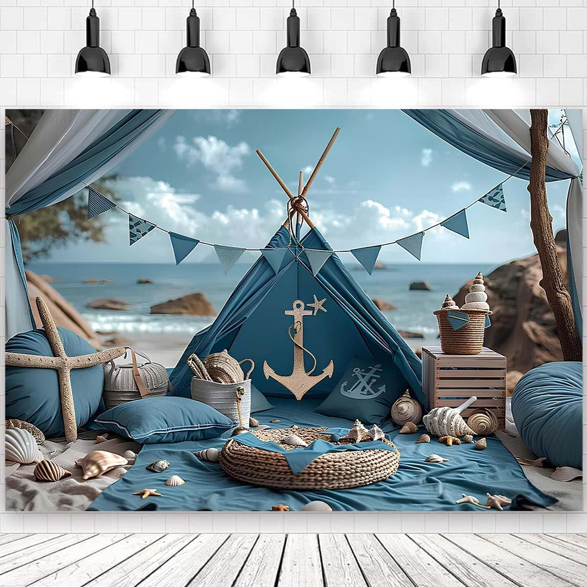 Sailing Boy Baby Show Backgrounds Blue Tent Beach Conch Decor Backdrop ...