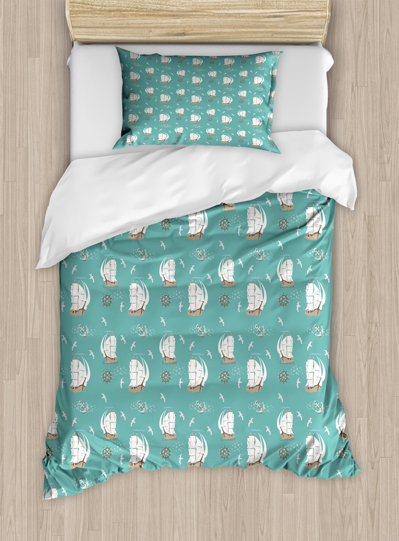 Sailing Duvet Cover Set, Repeating Seagulls Pirate Clipper Ship Anchor ...