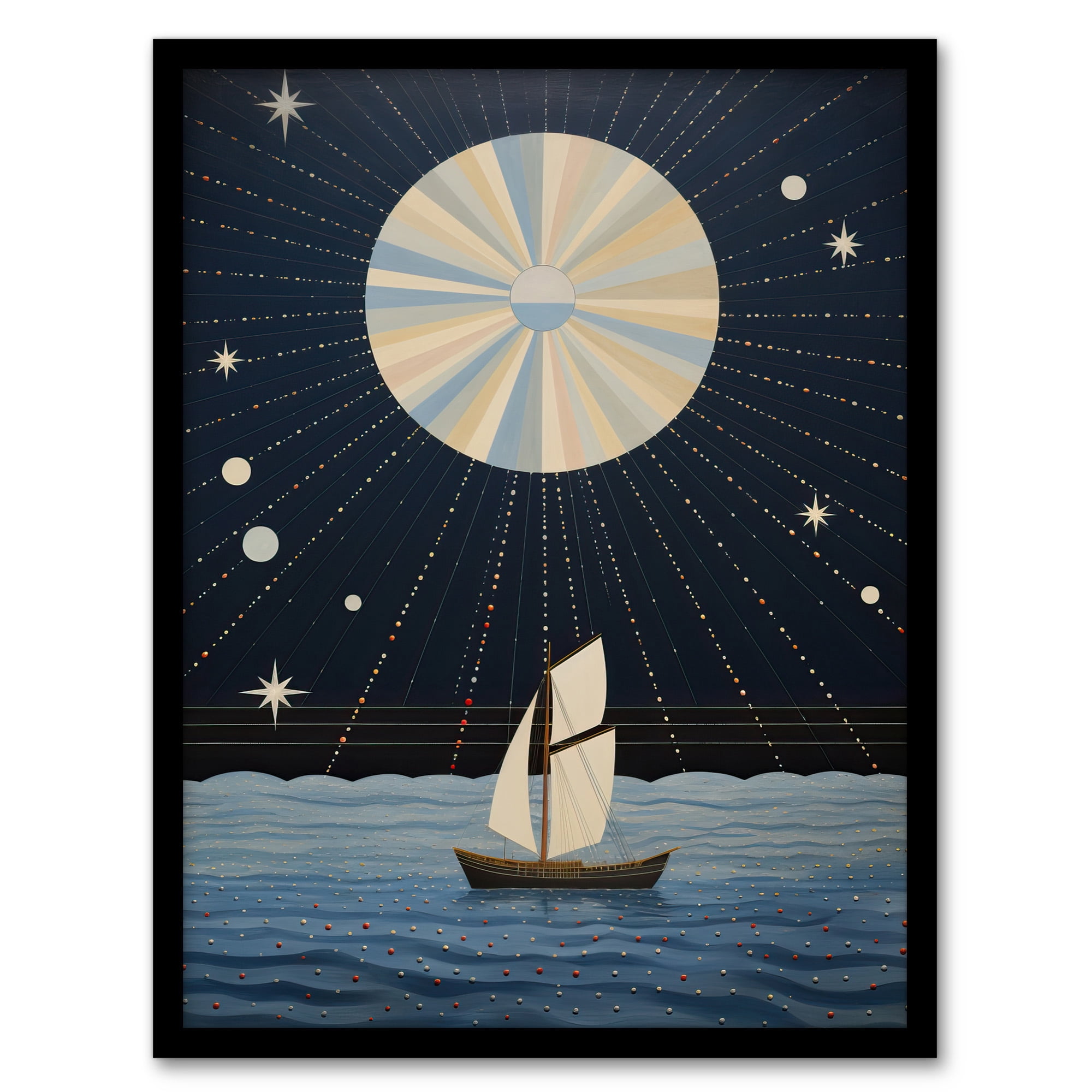 Sailing Into The Moonlight Boat in Full Moon Seascape Blue Tan Oil ...