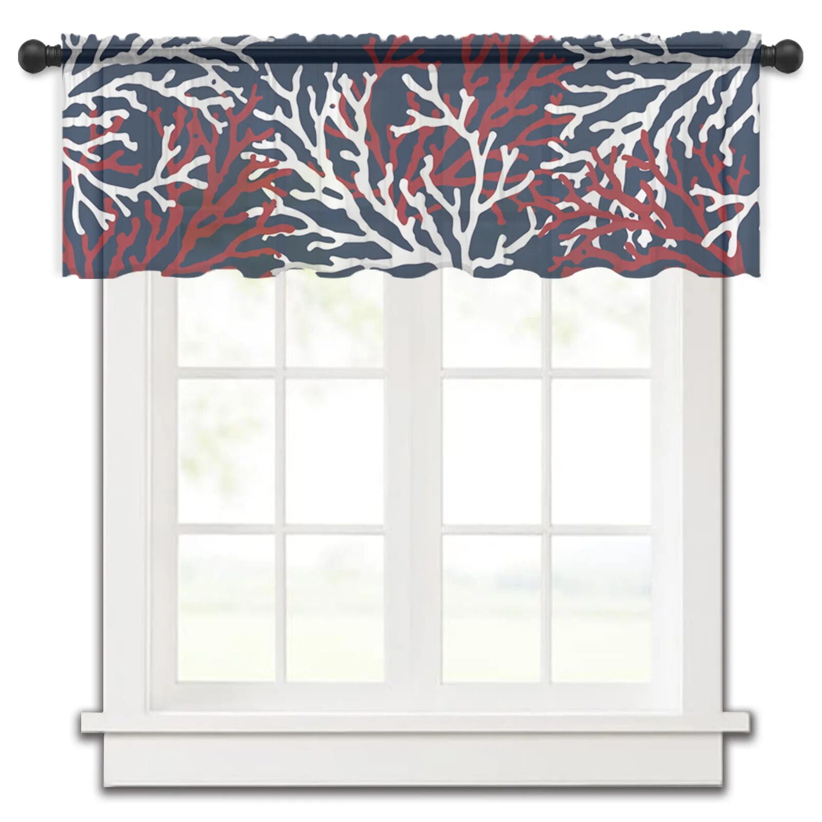 Sailing Marine Life Beach Coral Navy Blue Small Window Curtain Valance ...