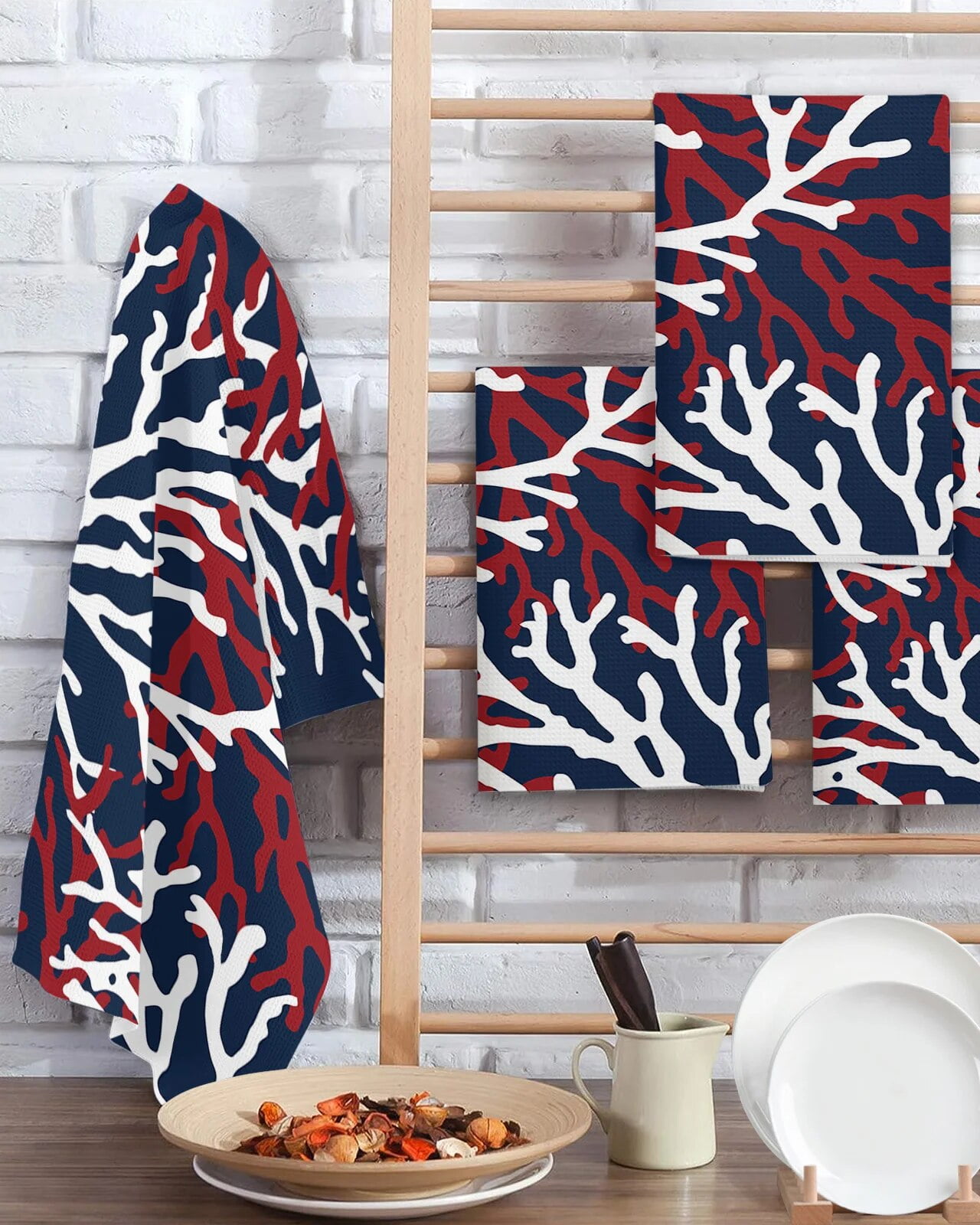 Sailing Marine Life Beach Coral Navy Blue Tea Towels Absorption Walf Checks Kitchen Cleaning ...