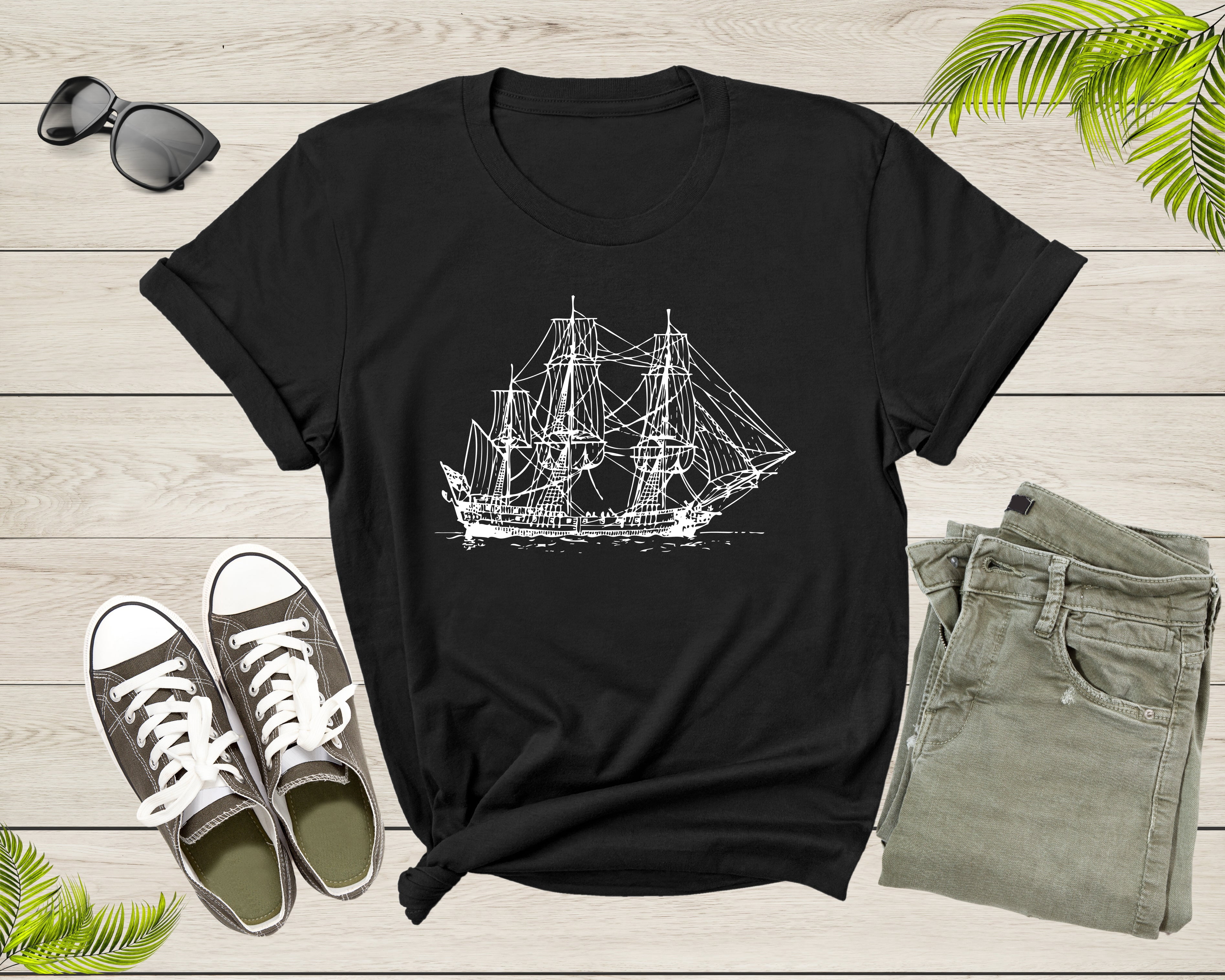 Sailing Pirate Ship Boat in the Water Hand Drawn Vessel Sail T-Shirt ...