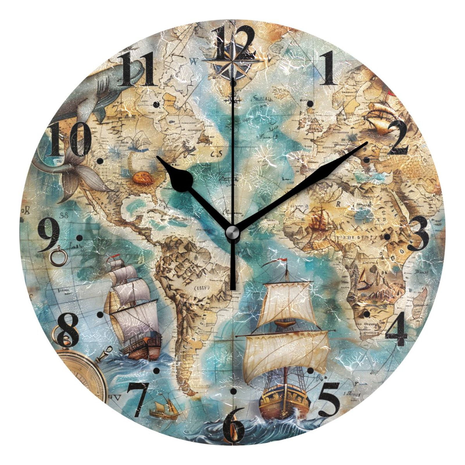 Sailing Ship Boat Map Mermaid Black 10 inch Wall Clocks Non Ticking ...