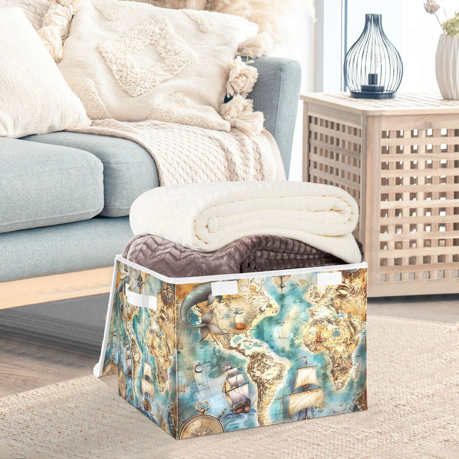 Sailing Ship Boat Map Mermaid Storage Basket Foldable Laundry Basket ...