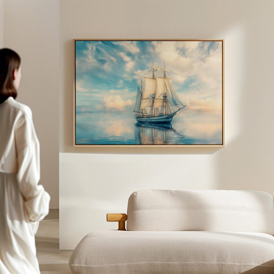 Sailing Ship On Calm Waters With Reflections, Dramatic Sky And Gentle ...