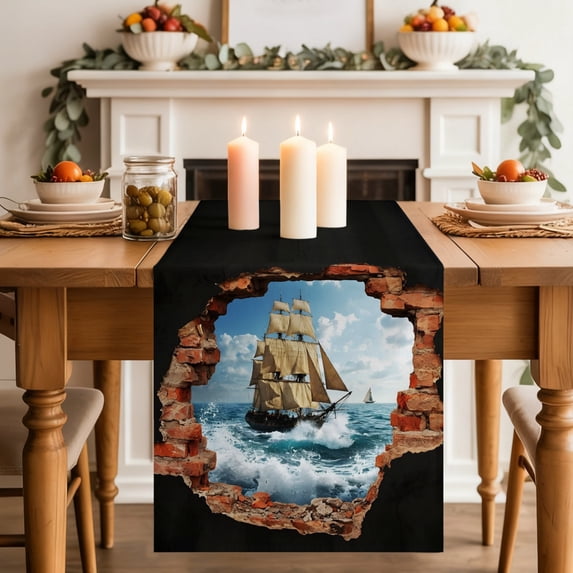 Sailing Ship Dining Table Runner, Art Romantic Broken Brick Vintage ...