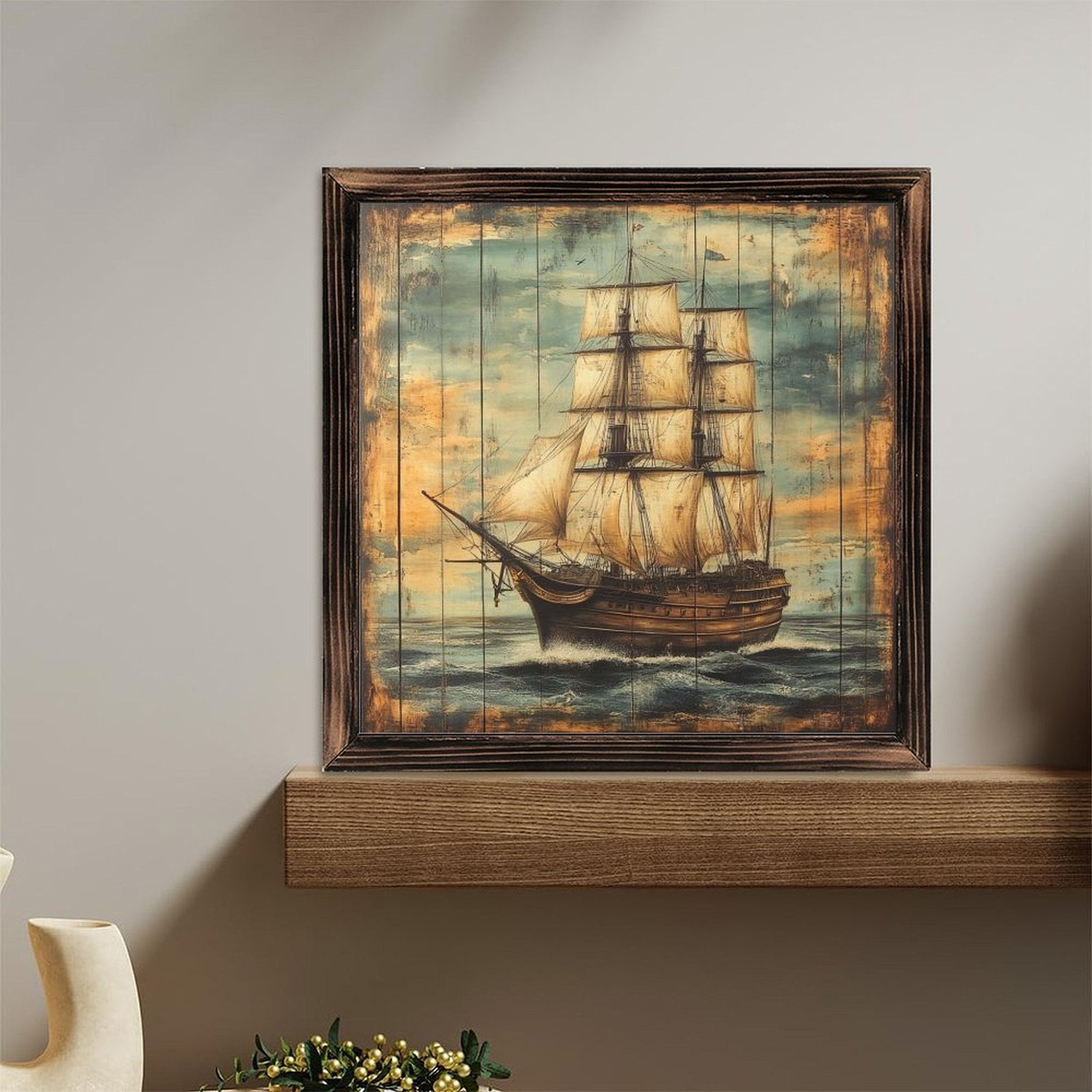 Sailing Ship Ocean Sea Cloudy Sky Wooden Sign Wall Plaque - Vintage Art ...