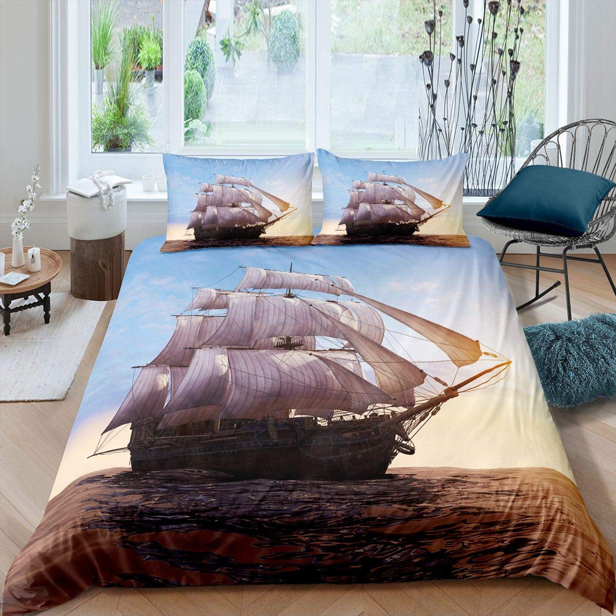 Sailing Ship Ocean Wave Nautical Duvet Cover for Kids Boys Cartoon ...